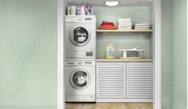 laundry-room-with-wood-floor-washing-machine-at-closet-shelving-and ...