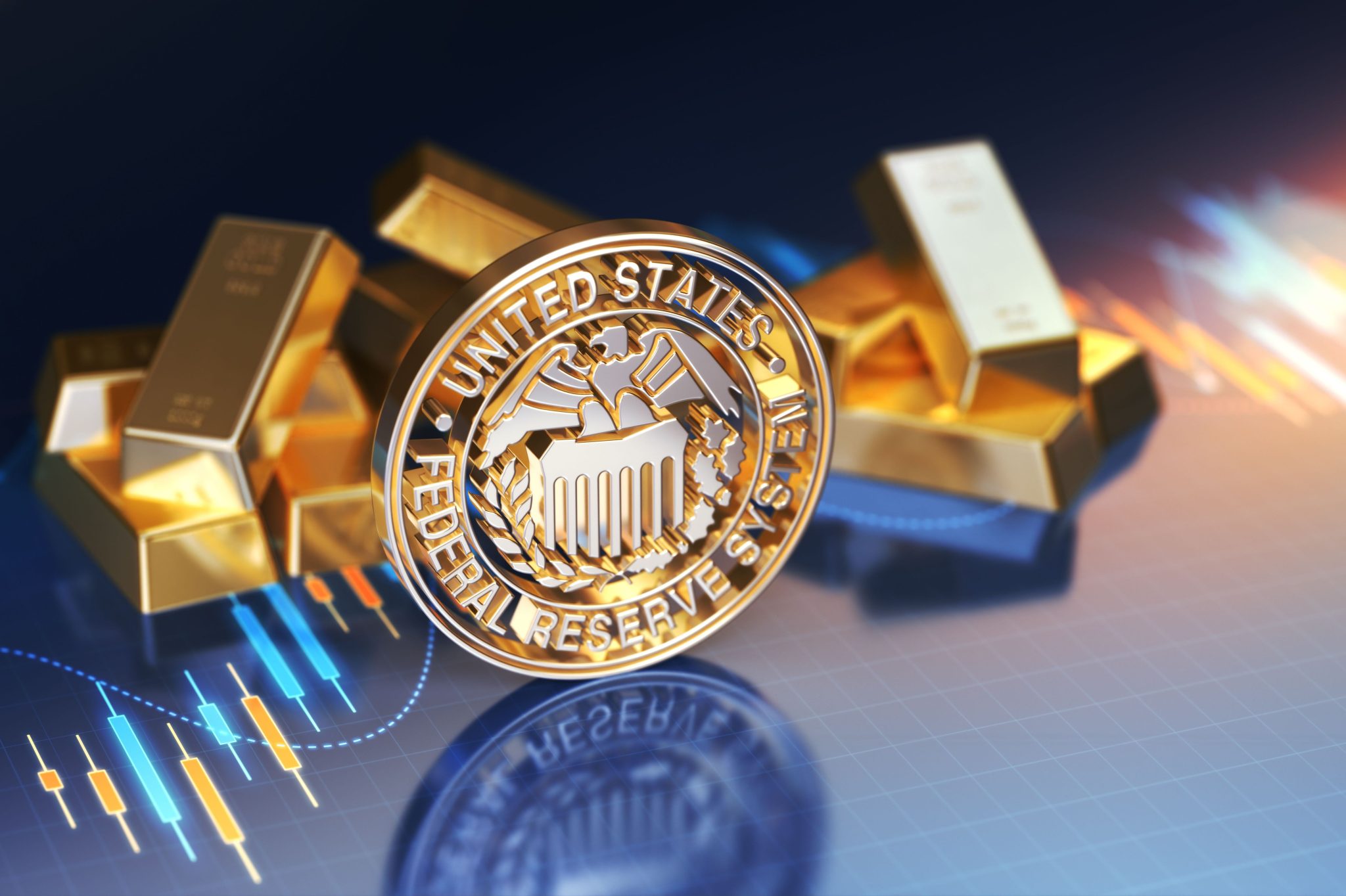 Gold Bars and Metal Shiny Federal Reserve System Symbol (FED) on Big ...