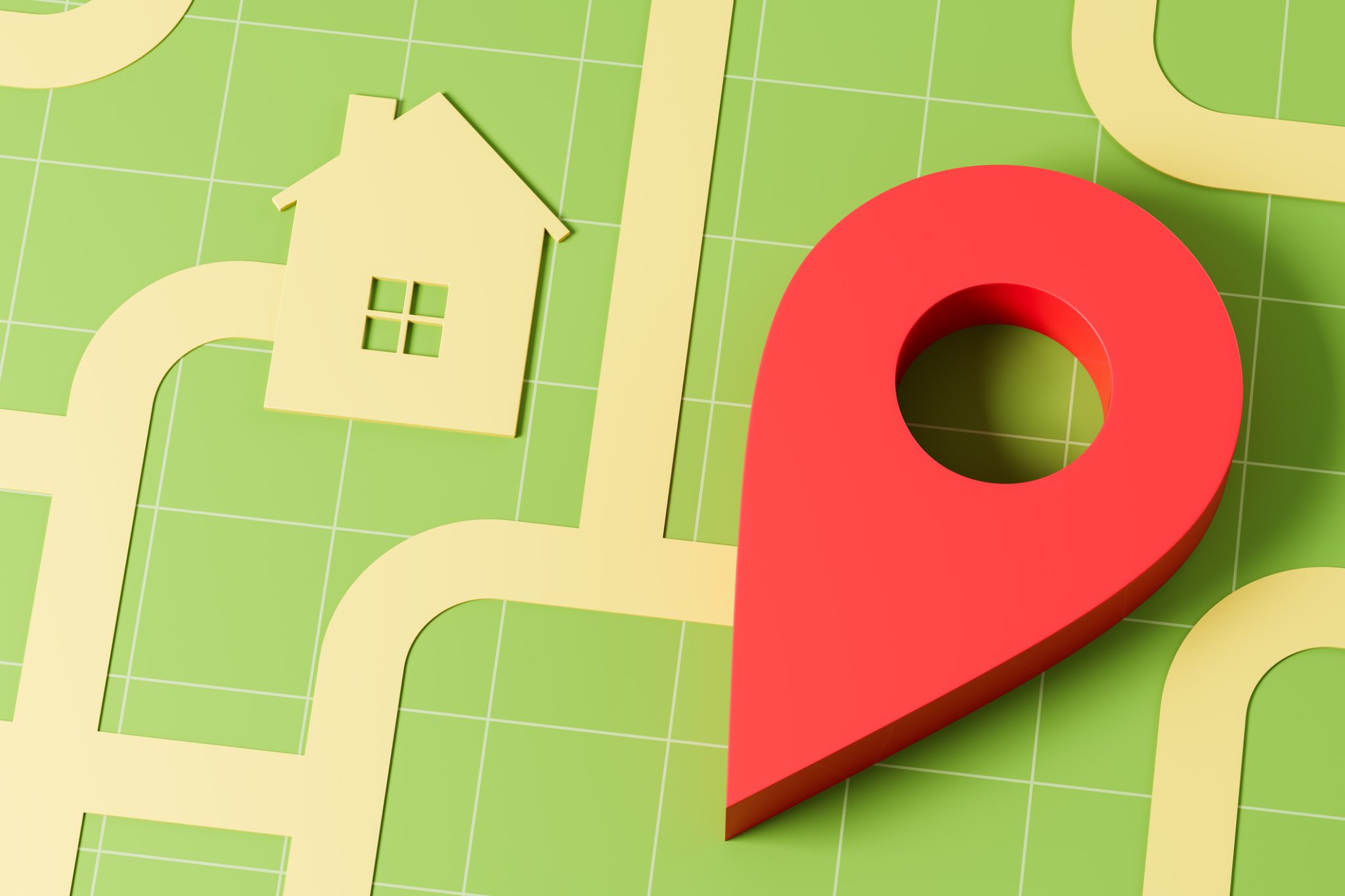 Map concept with red location pin and house symbol on green grid ...